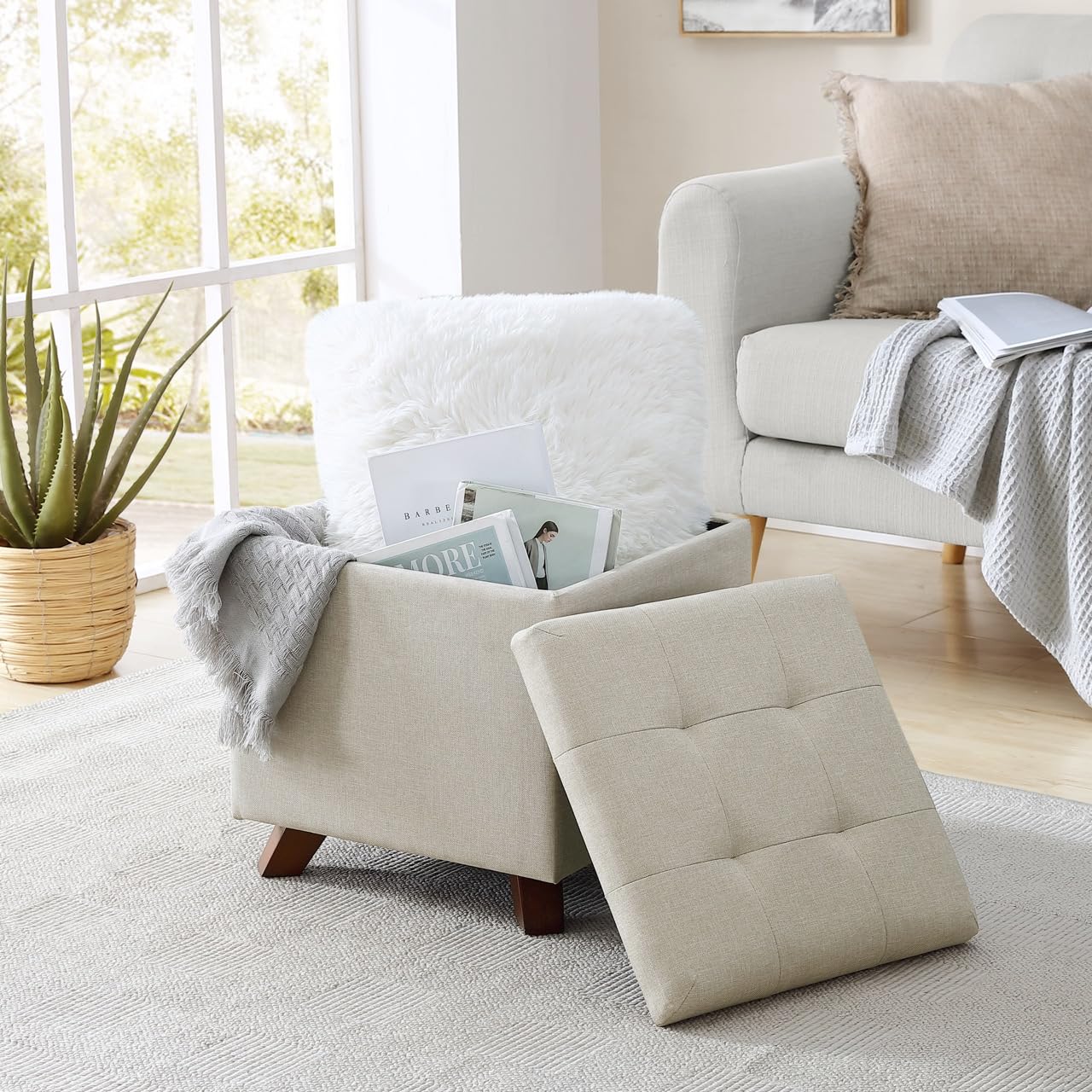 Ornavo Home Linen Tufted Square Storage Ottoman with Lift Off Lid, Ottoman with Storage for Living Room, Bedroom and Office, Beige