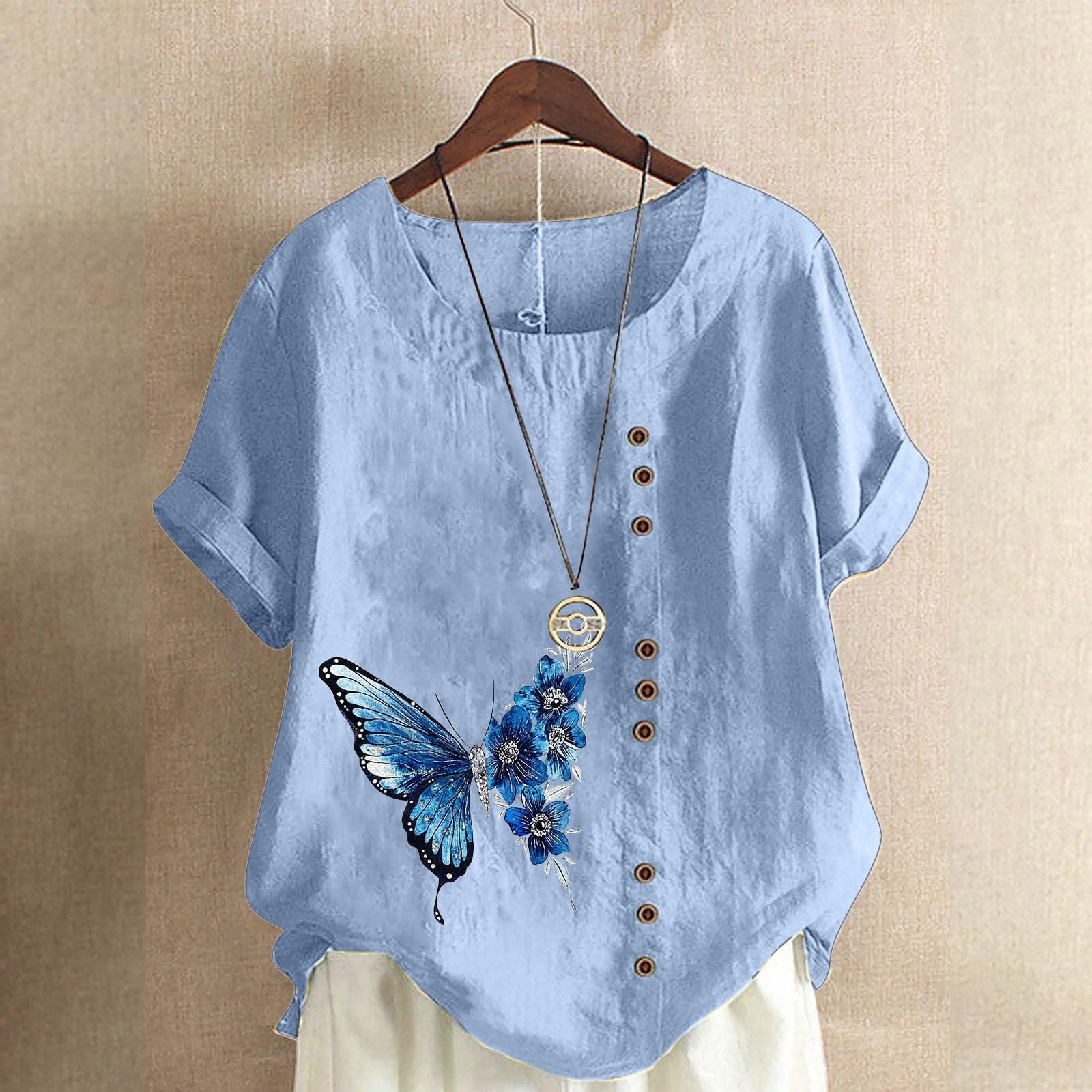 Cnebo Womens Loose Short Sleeve Short Sleeved Buttoned Shirt with Round Neck Printing T Shirt Tank Top Pocket Sleeve