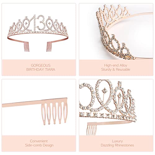 BEAN LIEVE 13th Birthday Decorations - Including 13th Birthday Sash, 13th Birthday Diamond Crown/Tiara, Birthday Candles and Cake Toppers, Rose Gold Maiden Gift 13th Birthday Celebration.