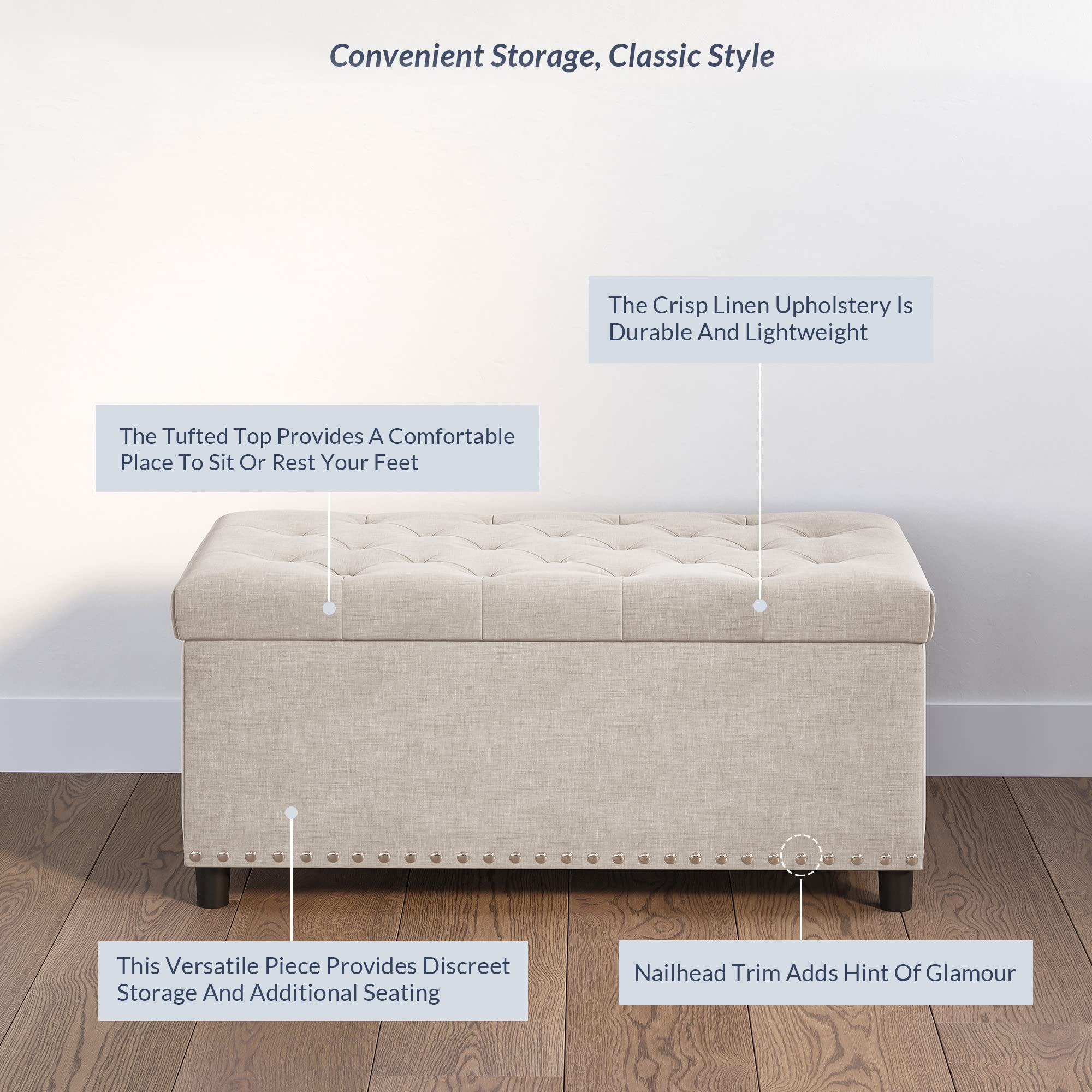 BELLEZE 35 Inch Button-Tufted Ottoman Linen Storage Bench with Safety Close Hinge for Living Room, Entryway, Hallway, Foot Rest, Support 300lbs - Beige