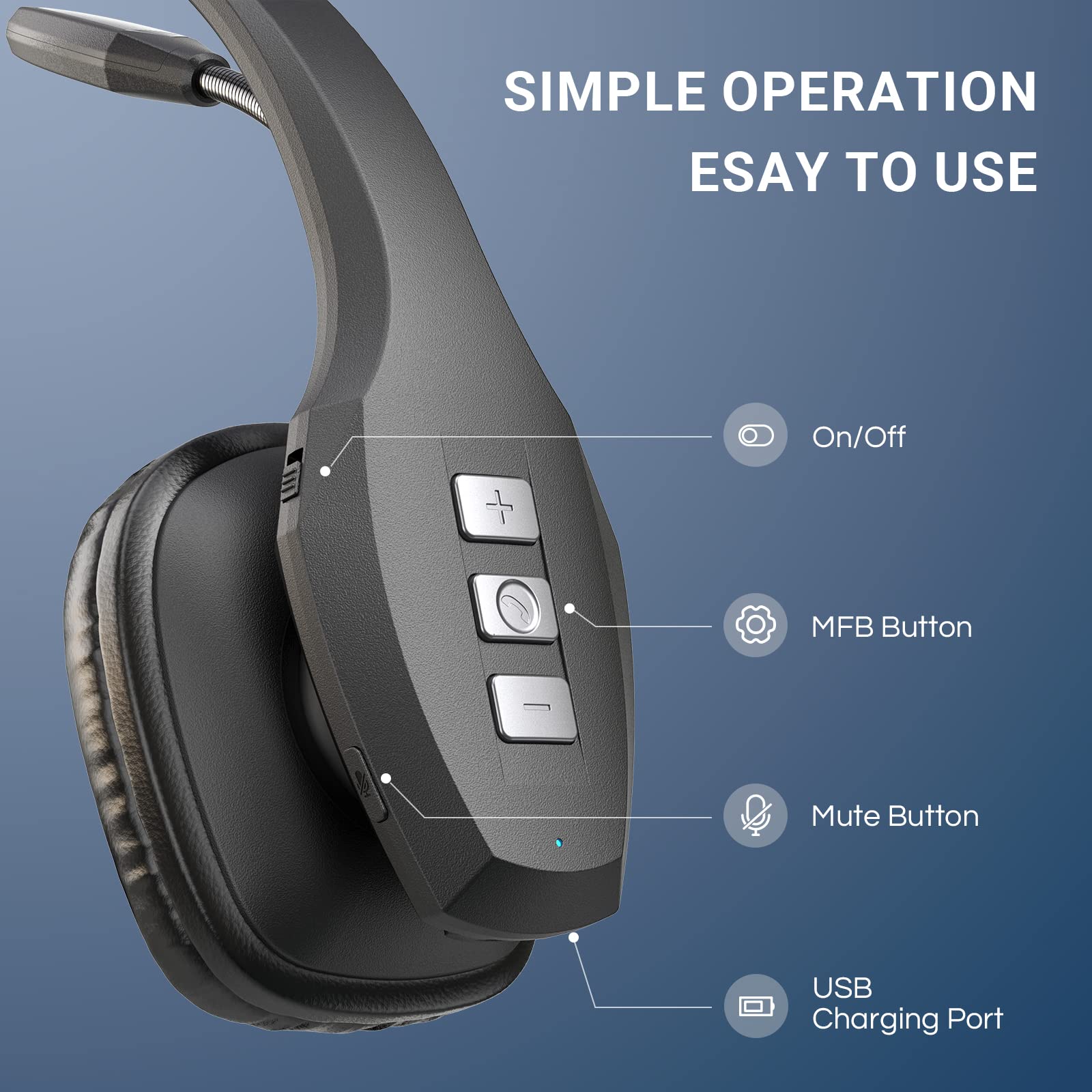 Trueque Bluetooth Headset, Trucker Wireless Headset with Microphone AI Noise Canceling & Mute Button, 60 Hrs Work Time On-Ear Headphones with USB Dongle for Call Center, Remote Work, Trucker, Zoom
