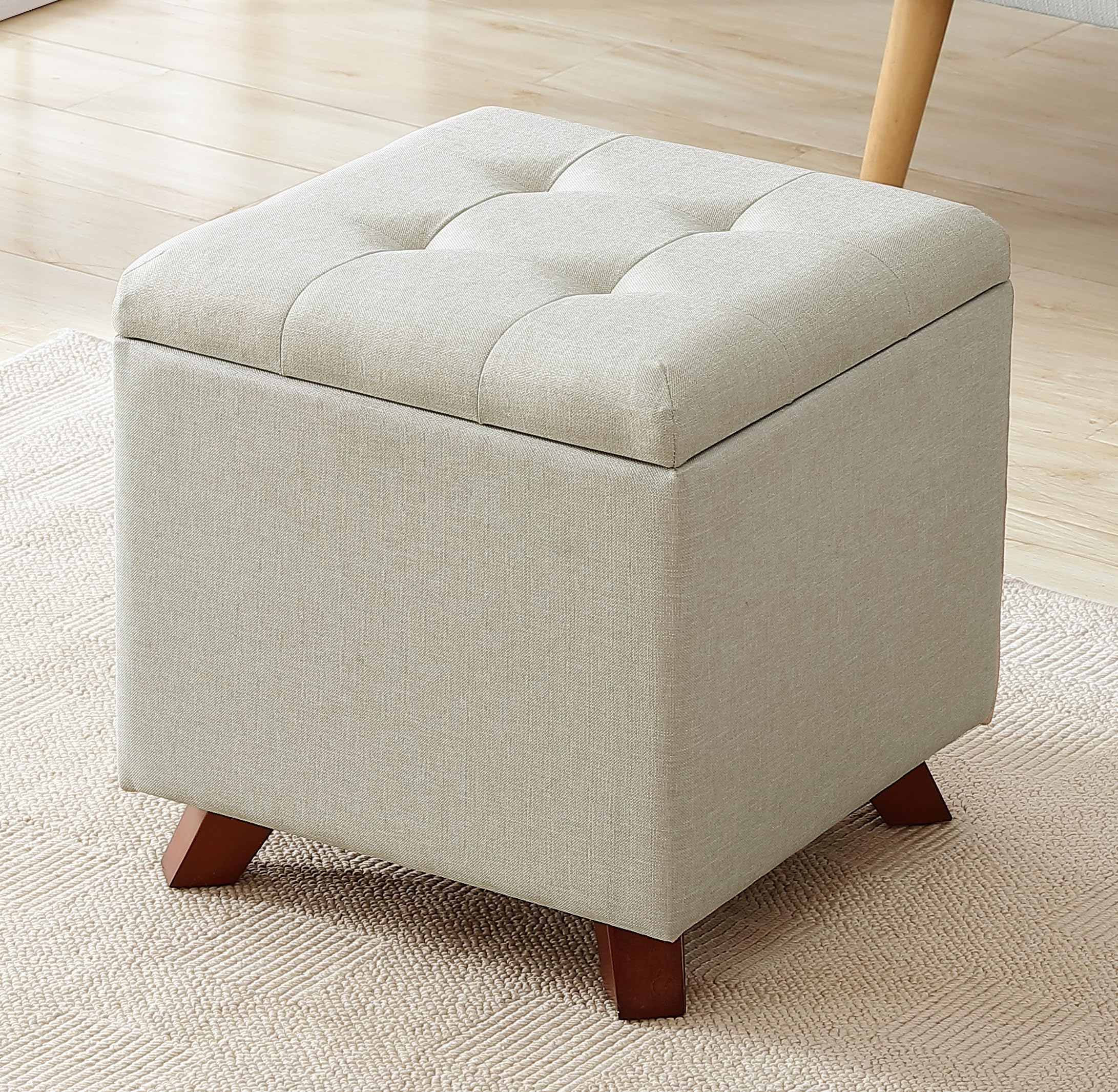 Ornavo Home Linen Tufted Square Storage Ottoman with Lift Off Lid, Ottoman with Storage for Living Room, Bedroom and Office, Beige