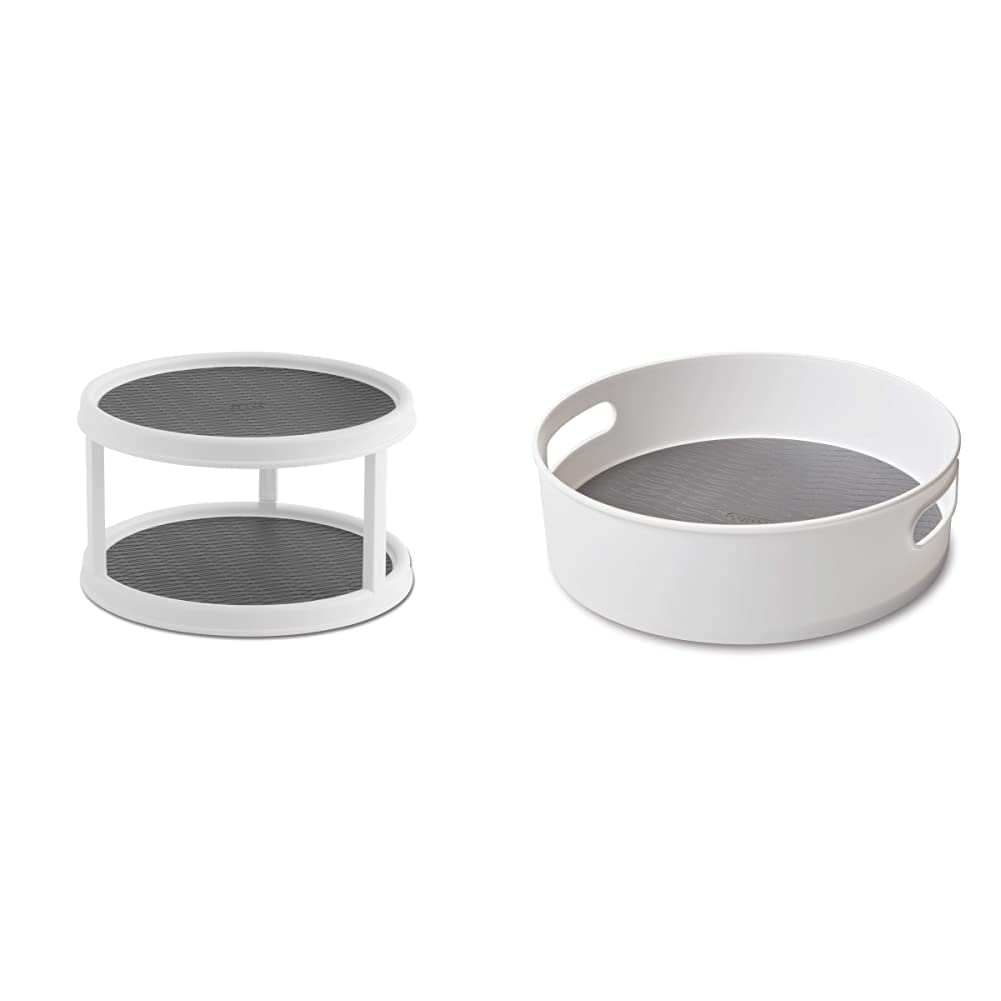 Copco 2555-0187 Non-Skid 2-Tier Pantry Cabinet Lazy Susan Turntable, 12-Inch, White/Gray & Non-Skid Storage Turntable, 12-Inch, Gray