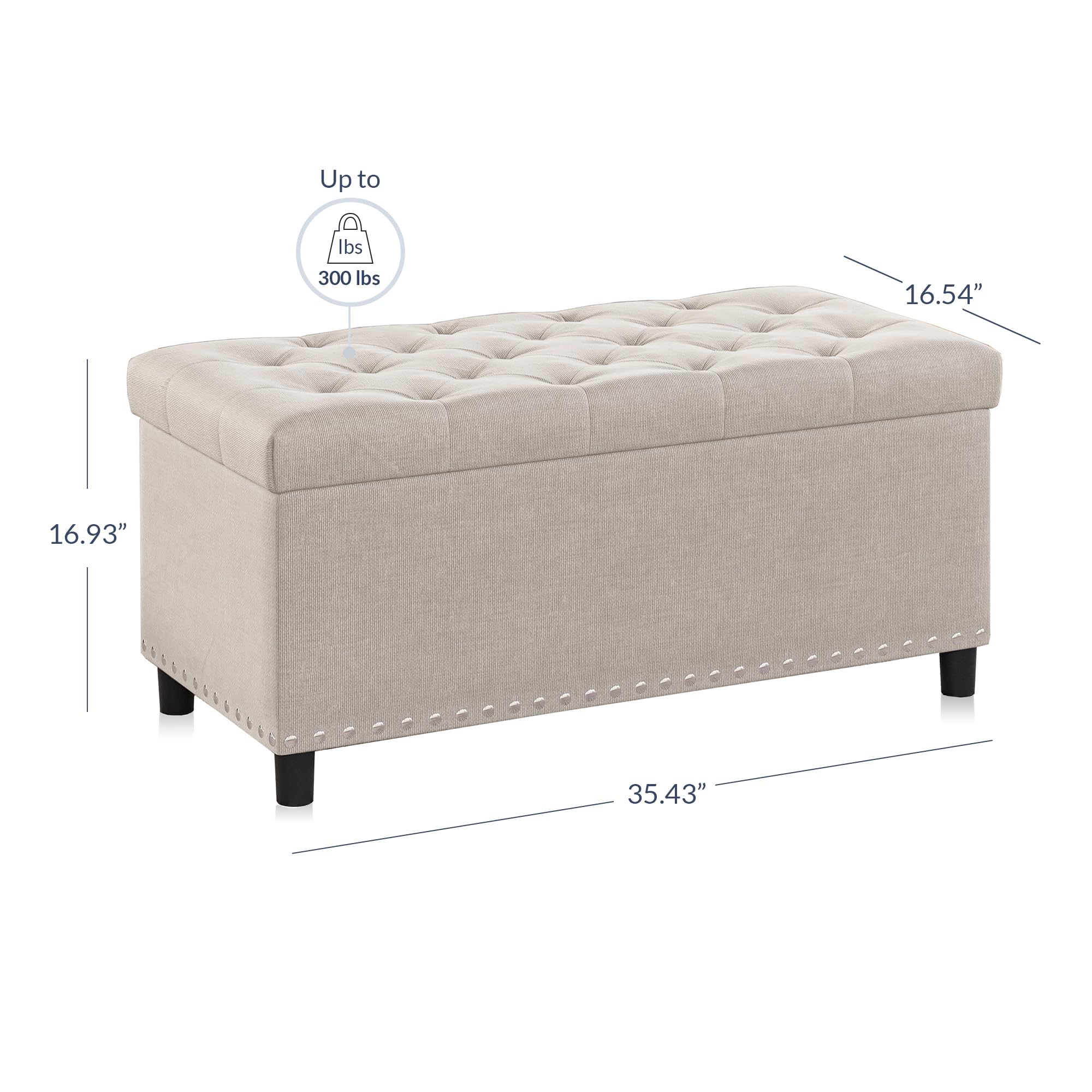 BELLEZE 35 Inch Button-Tufted Ottoman Linen Storage Bench with Safety Close Hinge for Living Room, Entryway, Hallway, Foot Rest, Support 300lbs - Beige
