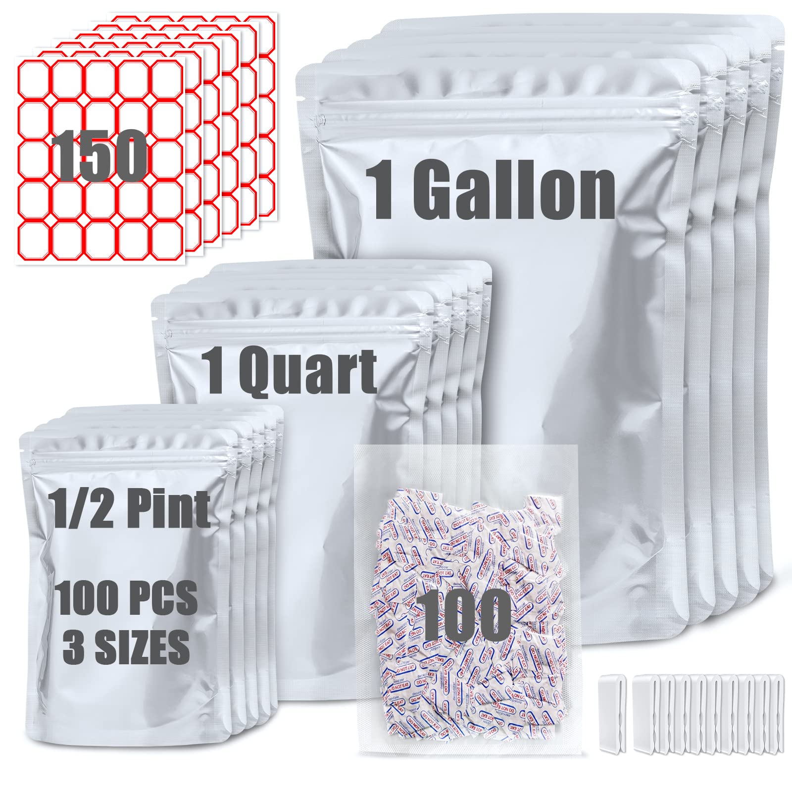100 Pack Mylar Bags for Food Storage with 100x300cc Oxygen Absorbers - 9 Mil 10"x14" 6"x9" 4.3"x6.3" - Resealable Bags for Packaging Products & Ziplock Food Grade Bags for Storage