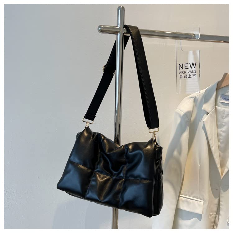 Women's Trendy Quilted Crossbody Bags Adjustable Chain Strap Cassette Puffer Padding Shoulder Bag Puffy Hobo Bag (Black)