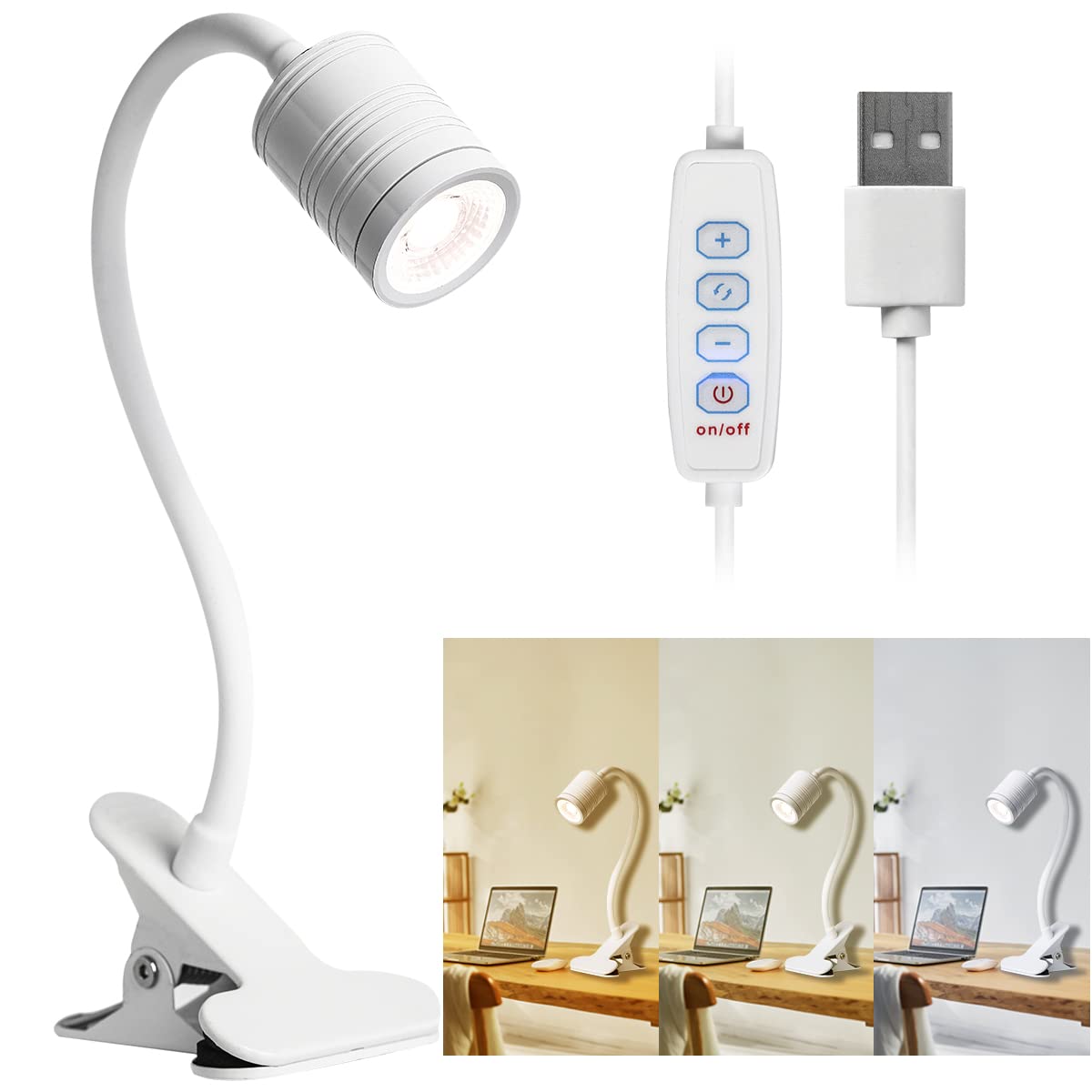 EAGLOD LED 3 Brightness Clamp Light,Portable Clip Light LED Lamp, USB Plug Clip on Desk Lamp ,360°Flexible Gooseneck Night Reading Light,Desk/Table Bedside Headboard,Nail Art ,Tattoo Lamp,