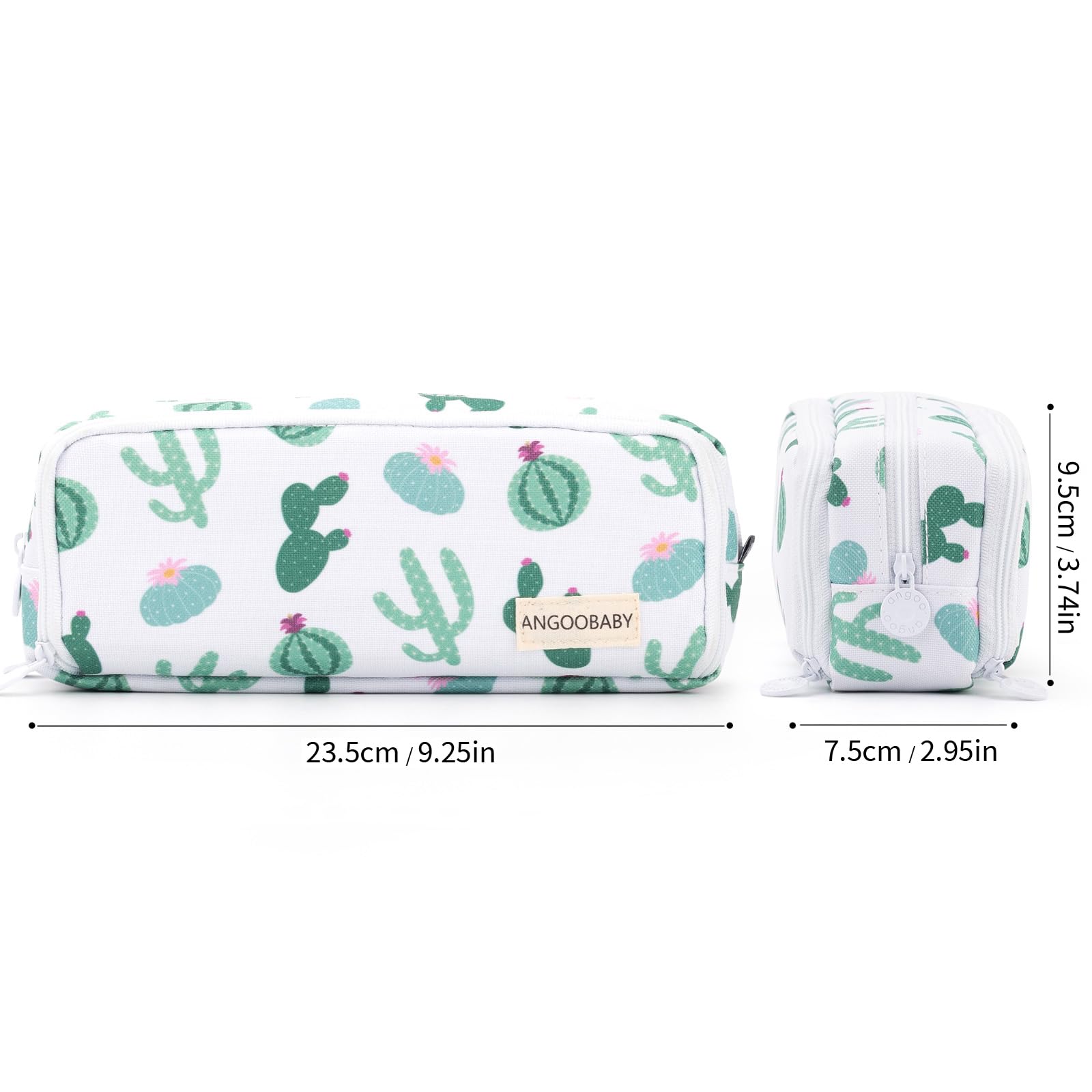 ANGOOBABY Large Pencil Case Big Capacity 3 Compartments Canvas Pencil Pouch for Teen Boys Girls School Students (Green Cactus)