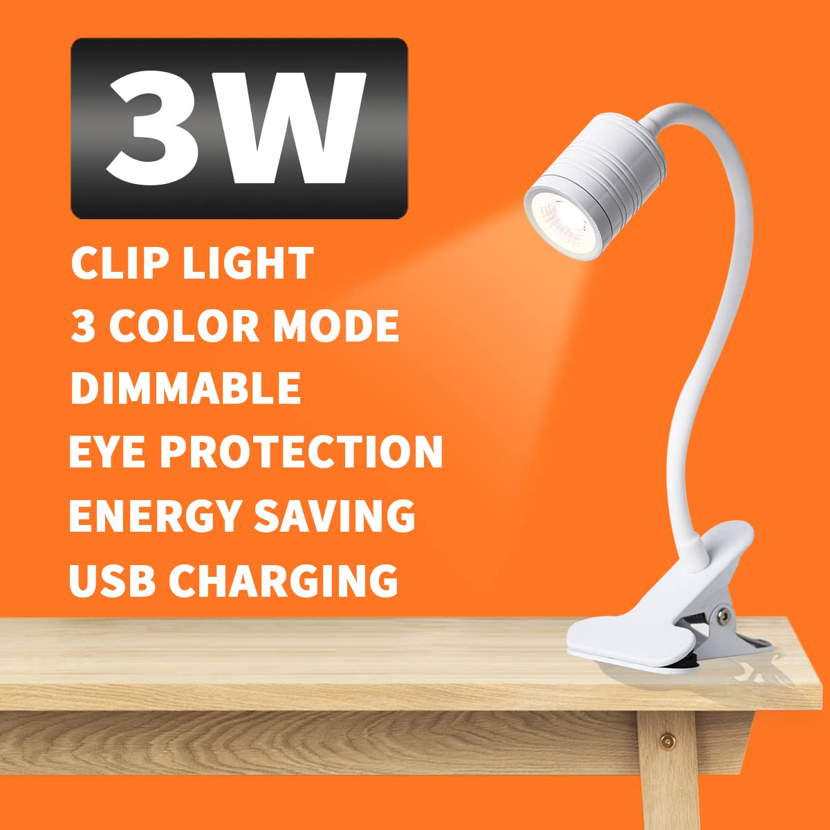 EAGLOD LED 3 Brightness Clamp Light,Portable Clip Light LED Lamp, USB Plug Clip on Desk Lamp ,360°Flexible Gooseneck Night Reading Light,Desk/Table Bedside Headboard,Nail Art ,Tattoo Lamp,