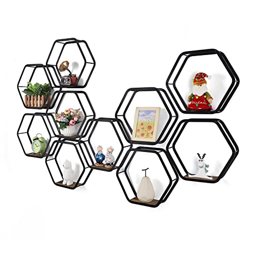 Hexagon Floating Shelves Set of 10 Black Metal Hexagon Shelves for Wall Modern Honeycomb Shelves Wall Mounted Octagon Shelves Geometric Floating Shelf for Wall Decor Bedroom Living Room