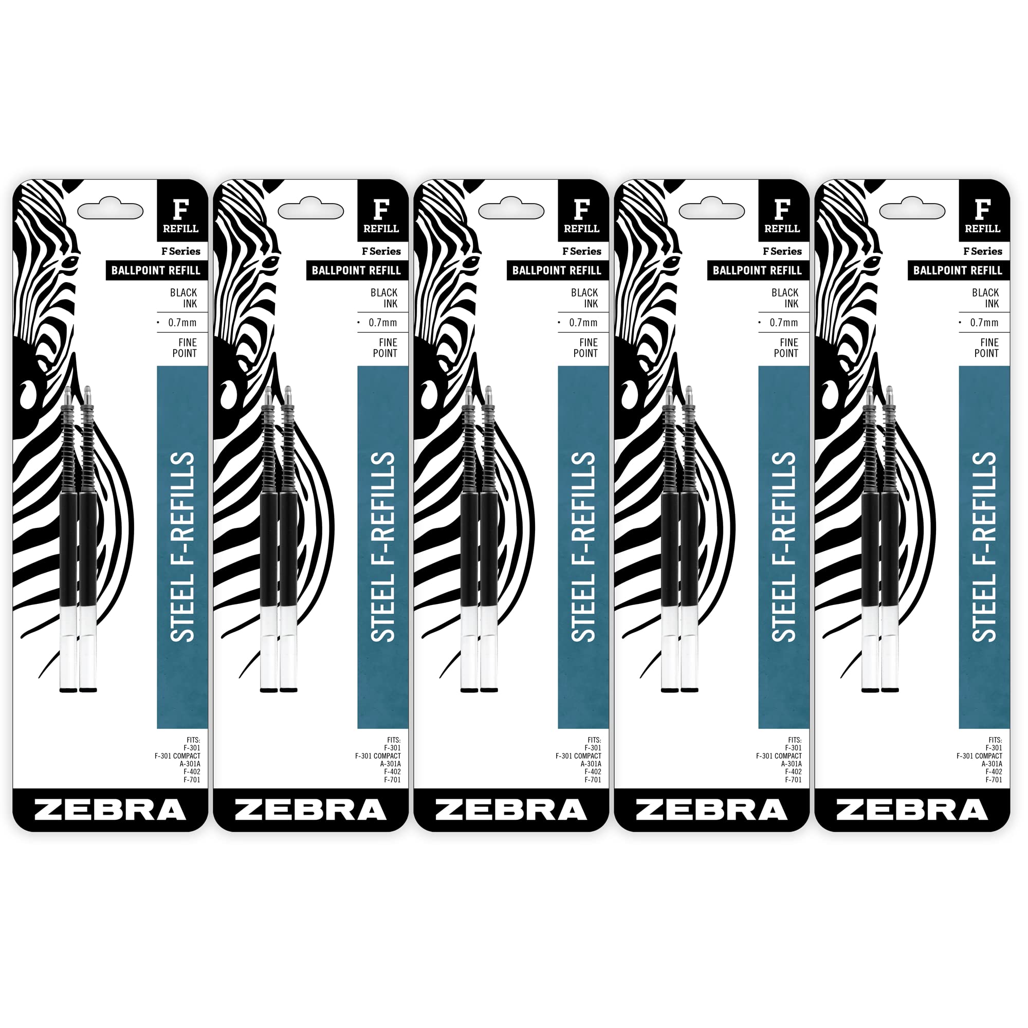 Zebra F-Series Ballpoint Stainless Steel Pen Refill, Fine Point, 0.7mm, Black Ink, 10-Count