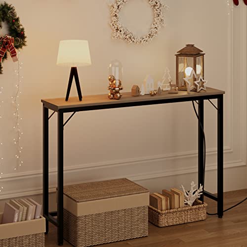 IDEALHOUSE Console Table with Power Outlets & USB Ports, Narrow Sofa Table with Charging Station, 39.3" Industrial Entryway Table, Behind Couch Table for Living Room, Hallway, Foyer, Bedroom-Grey