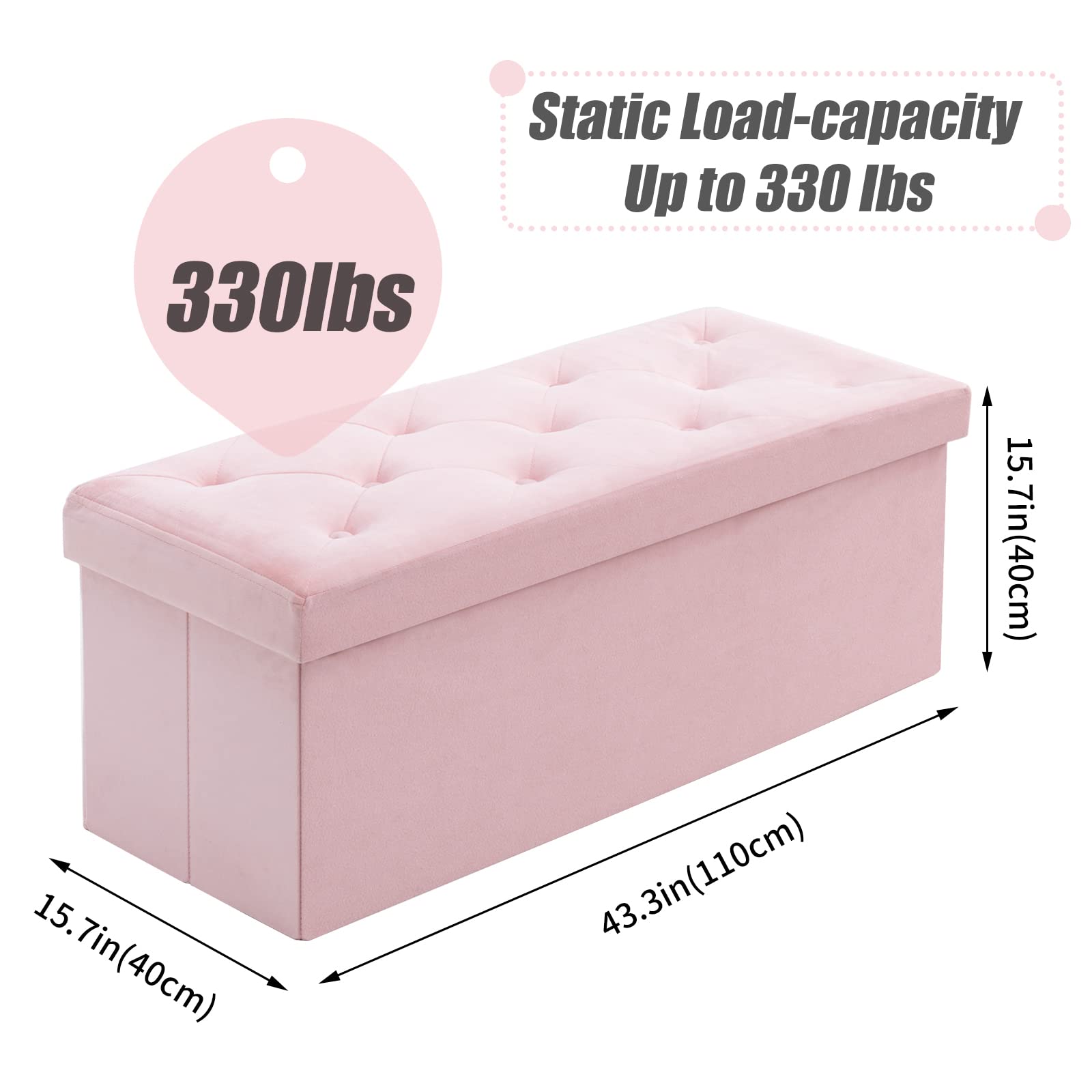 BRIAN & DANY 43 Inches Folding Storage Ottoman Bench, Velvet Ottoman with Storage for Living Room, Long Shoes Bench,Flannelette Footrest Benches Seat (Pink)