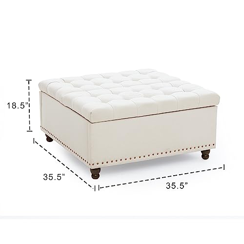 Tbfit Large Square Storage Ottoman Bench, Tufted Upholstered Coffee Table Ottoman with Storage, Oversized Storage Ottomans Toy Box for Living Room (Beige)