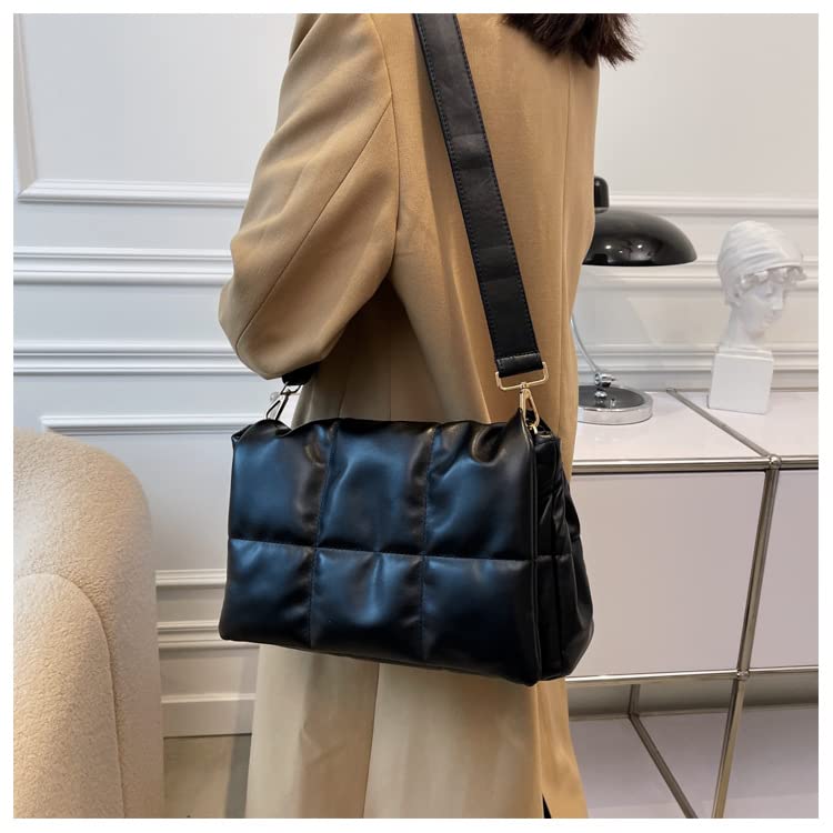 Women's Trendy Quilted Crossbody Bags Adjustable Chain Strap Cassette Puffer Padding Shoulder Bag Puffy Hobo Bag (Black)