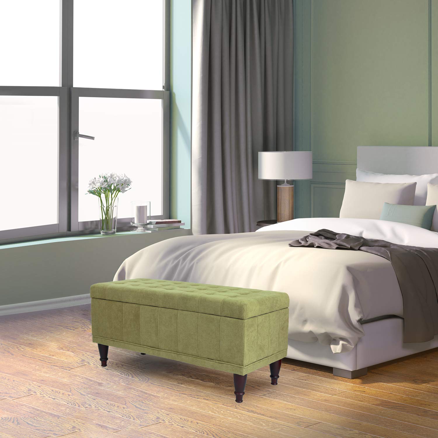 Homebeez Home Decor Ottoman,41.9 Inch Tufted Storage Bench Rectangular Footrest Stool for Entryway, Living Room and Bedroom, Green