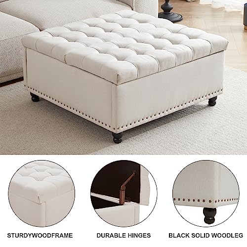 Tbfit Large Square Storage Ottoman Bench, Tufted Upholstered Coffee Table Ottoman with Storage, Oversized Storage Ottomans Toy Box for Living Room (Beige)