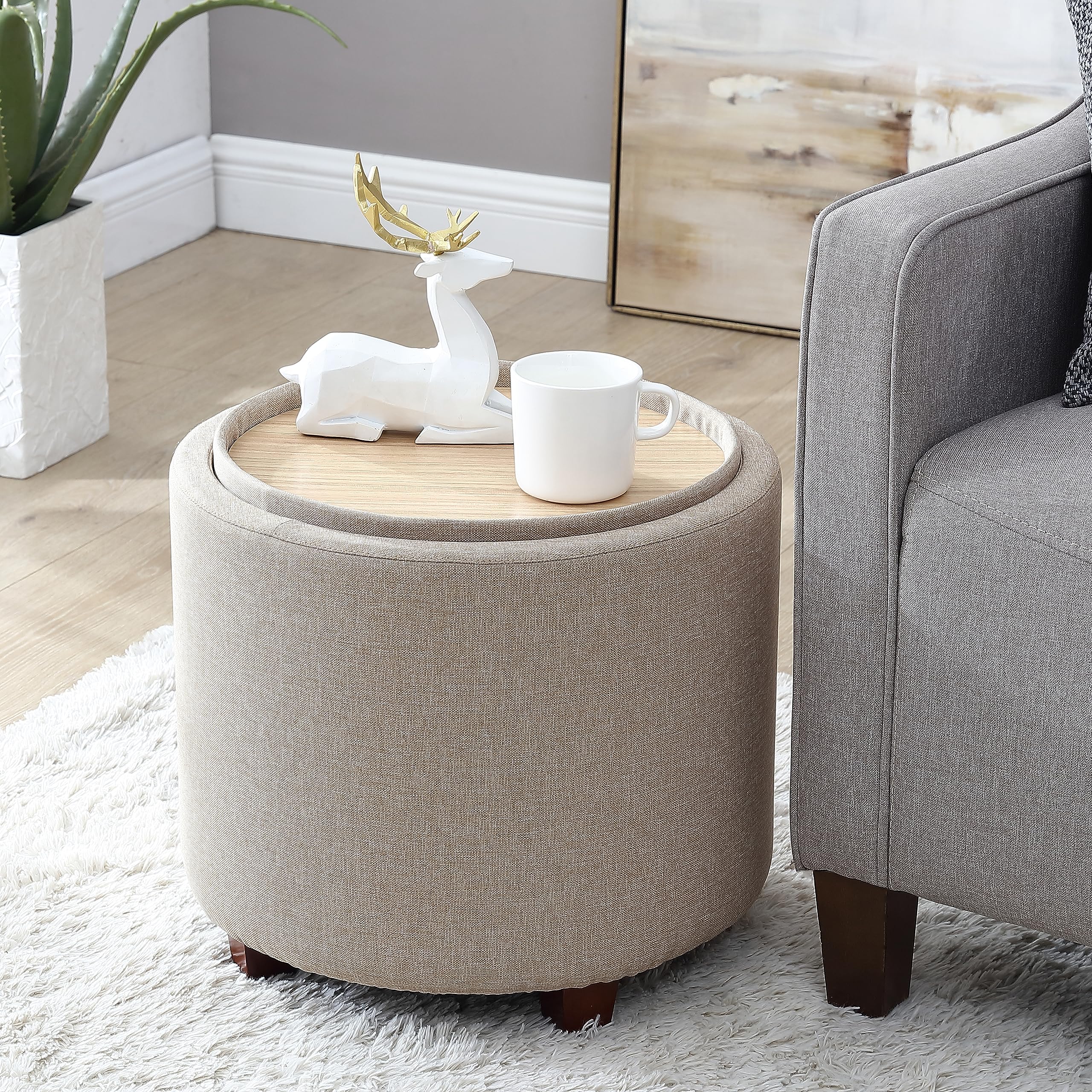 Ornavo Home Lawrence Round Storage Ottoman with Lift Off Lid and Tray Lid Coffee Table, Ottoman with Storage for Living Room, Bedroom and Office, Linen Beige