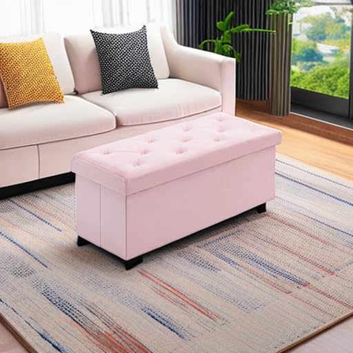 BRIAN & DANY 43 Inches Folding Storage Ottoman Bench, Velvet Ottoman with Storage for Living Room, Long Shoes Bench,Flannelette Footrest Benches Seat (Pink)