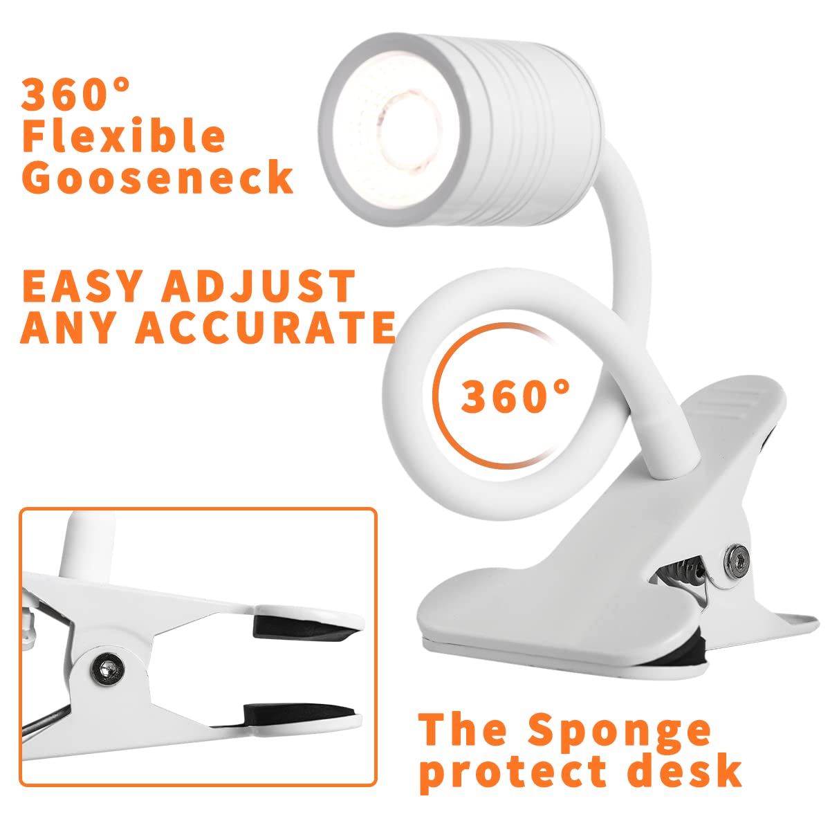 EAGLOD LED 3 Brightness Clamp Light,Portable Clip Light LED Lamp, USB Plug Clip on Desk Lamp ,360°Flexible Gooseneck Night Reading Light,Desk/Table Bedside Headboard,Nail Art ,Tattoo Lamp,
