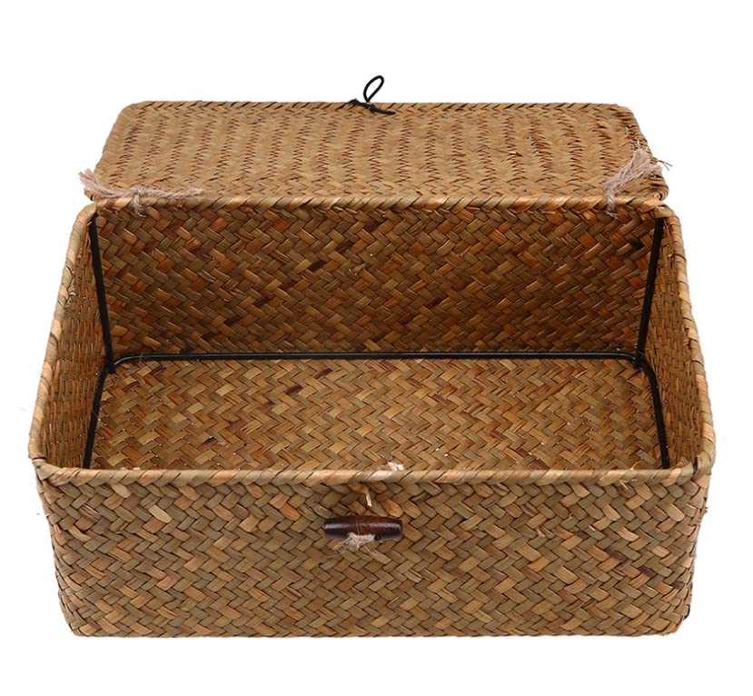 Natural Straw Rattan Multipurpose Container Rectangular Storage Baskets With Lid Hand Woven Storage Box with Button for Desktop Home Decoration (12 Inch)