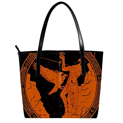 Women’s Leather Tote Bag, Ancient Greek God Prometheus Large Heavy Duty Shoulder Bag Travel Work School Handbag