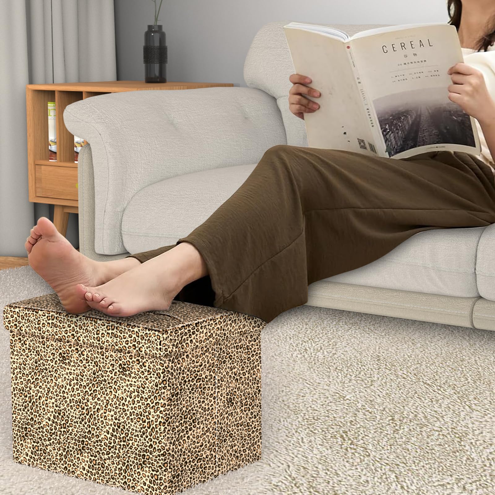 eMOUSE Storage Ottoman Bench Foldable Footrest Stool Seat for Bedroom and Living Room Small Bench Foot Stool Rectangle Cube Leopard L17W13H13IN…