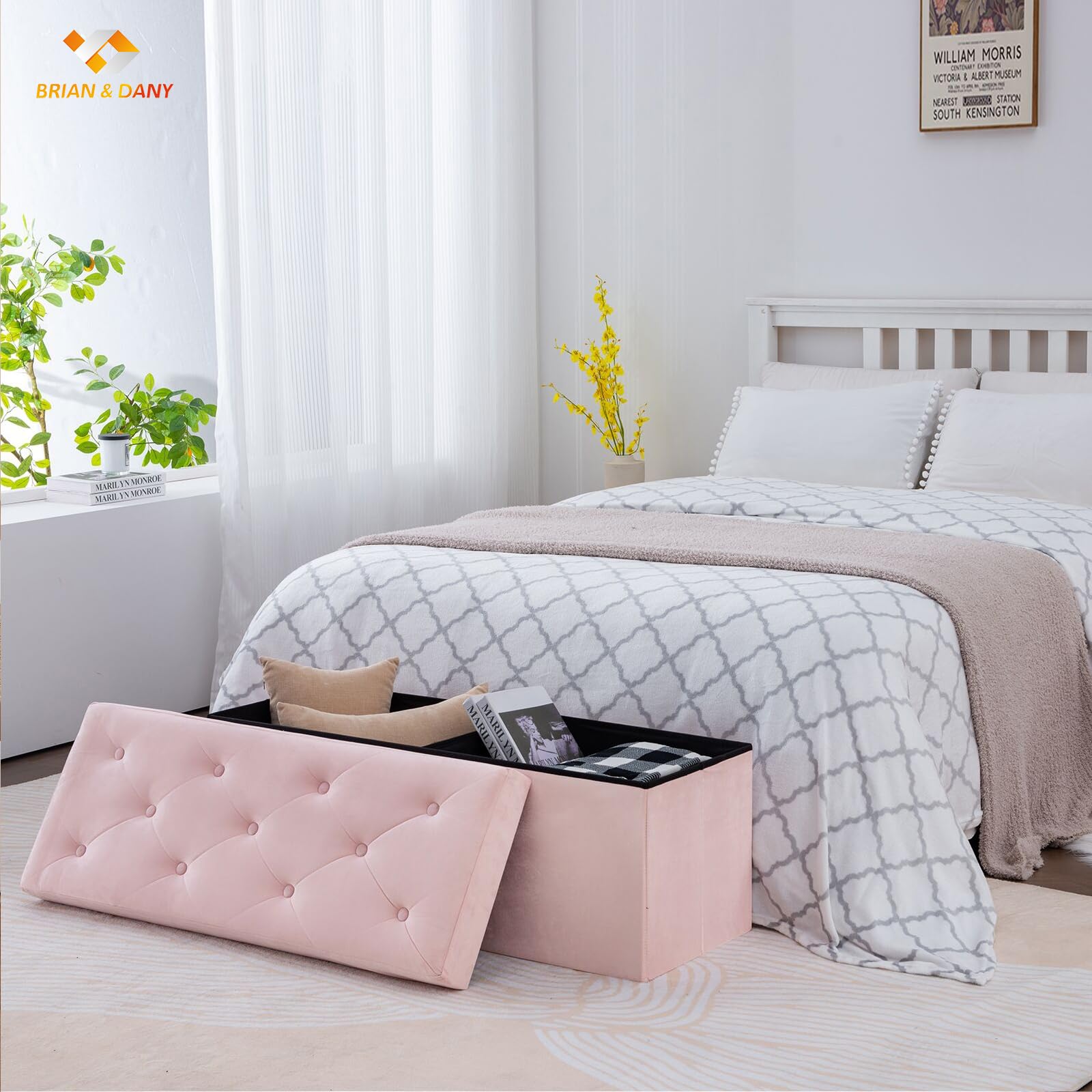 BRIAN & DANY 43 Inches Folding Storage Ottoman Bench, Velvet Ottoman with Storage for Living Room, Long Shoes Bench,Flannelette Footrest Benches Seat (Pink)