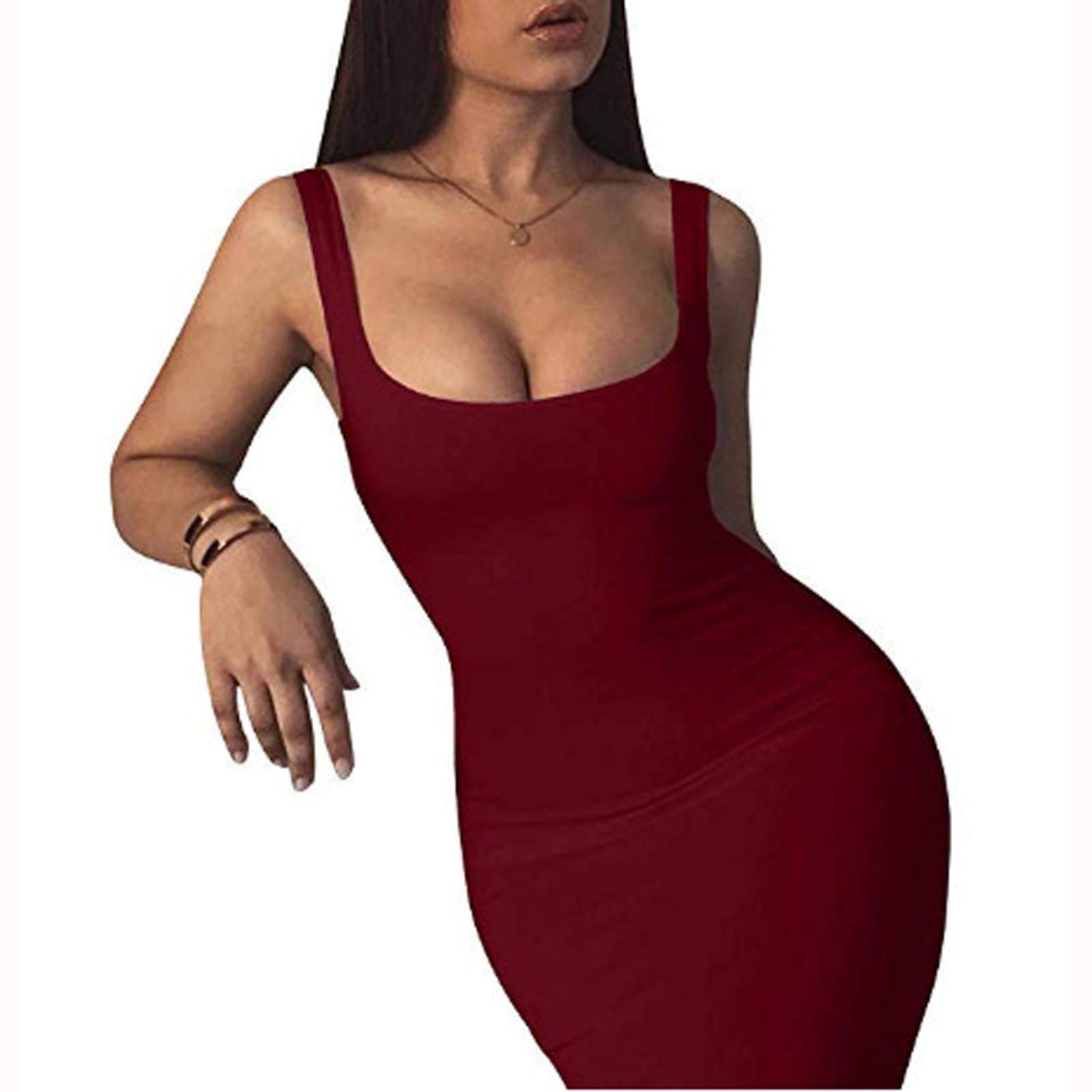 Padaleks Women's Summer Sexy Basic Sleeveless Tank Top Bodycon Dress Party Club Mini Dresses Knee Length