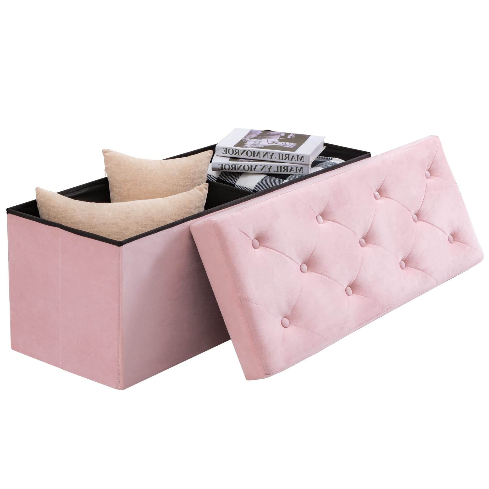 BRIAN & DANY 43 Inches Folding Storage Ottoman Bench, Velvet Ottoman with Storage for Living Room, Long Shoes Bench,Flannelette Footrest Benches Seat (Pink)