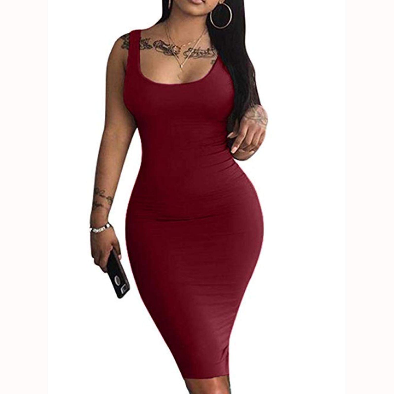 Padaleks Women's Summer Sexy Basic Sleeveless Tank Top Bodycon Dress Party Club Mini Dresses Knee Length