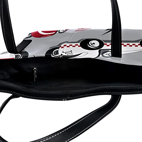 Women’s Leather Tote Bag, Speeding Racing Car with Checkered Flag Race Track Large Heavy Duty Shoulder Bag Travel Work School Handbag