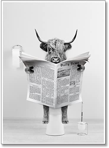 WOKEZ Funny Highland Cow Canvas Wall Art Print Painting Cute Black and White Cow Picture Animal Posters Rustic Farmhouse Style Wall Decor for Office Bathroom Restroom 12x16in Unframed