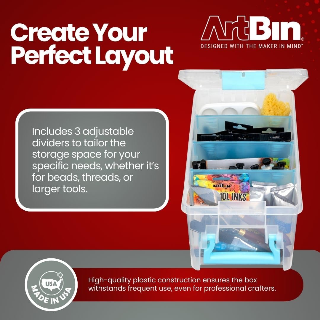 saizone 6925AA Semi Satchel with Removable Dividers, Portable Art & Craft Organizer with Handle, [1] Plastic Storage Case, Clear with Aqua Accents