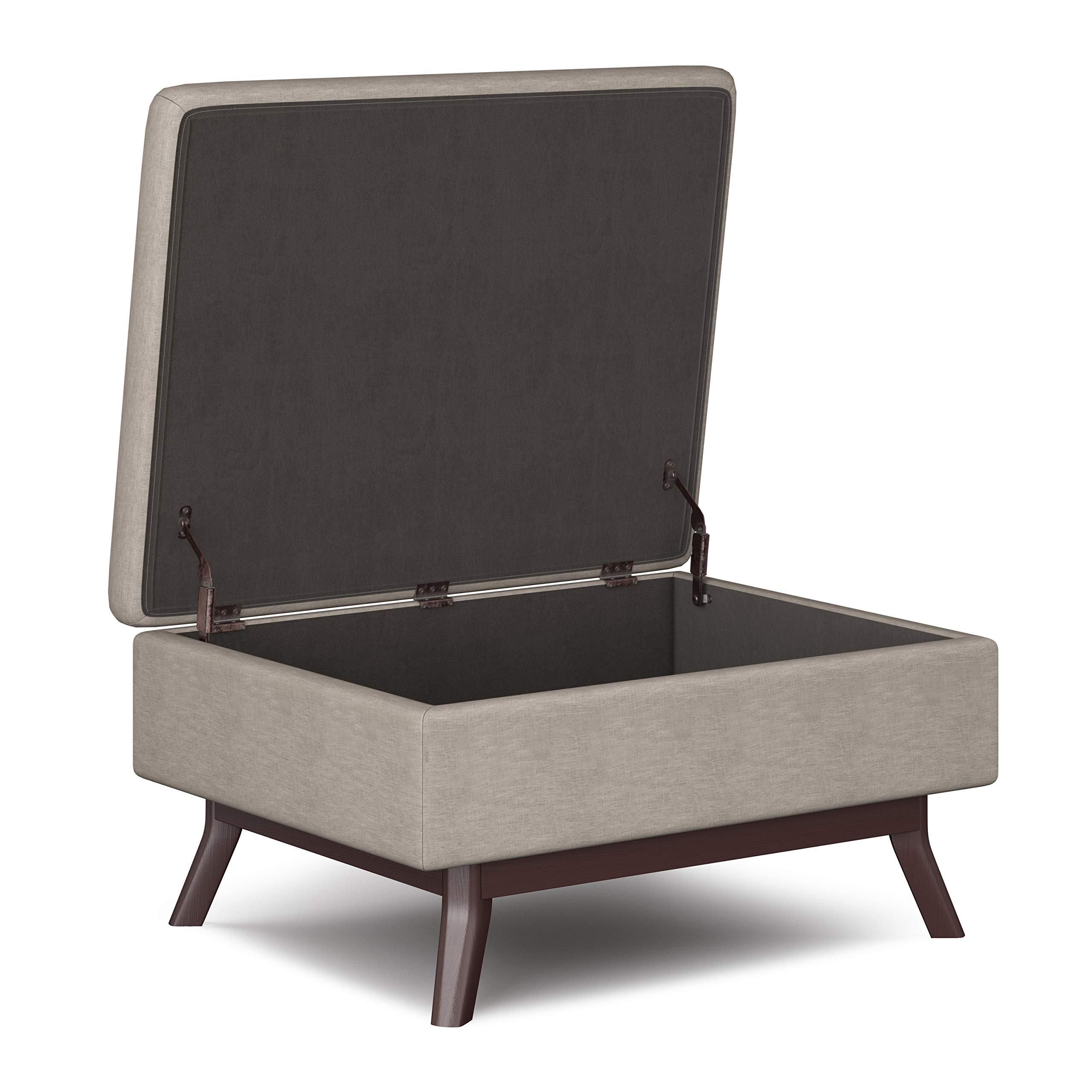 SIMPLIHOME Owen 34 inch Wide Mid Century Modern Rectangle Coffee Table Storage Ottoman in Natural Linen Look Fabric, Assembled, for the Living Room, Entryway and Family Room