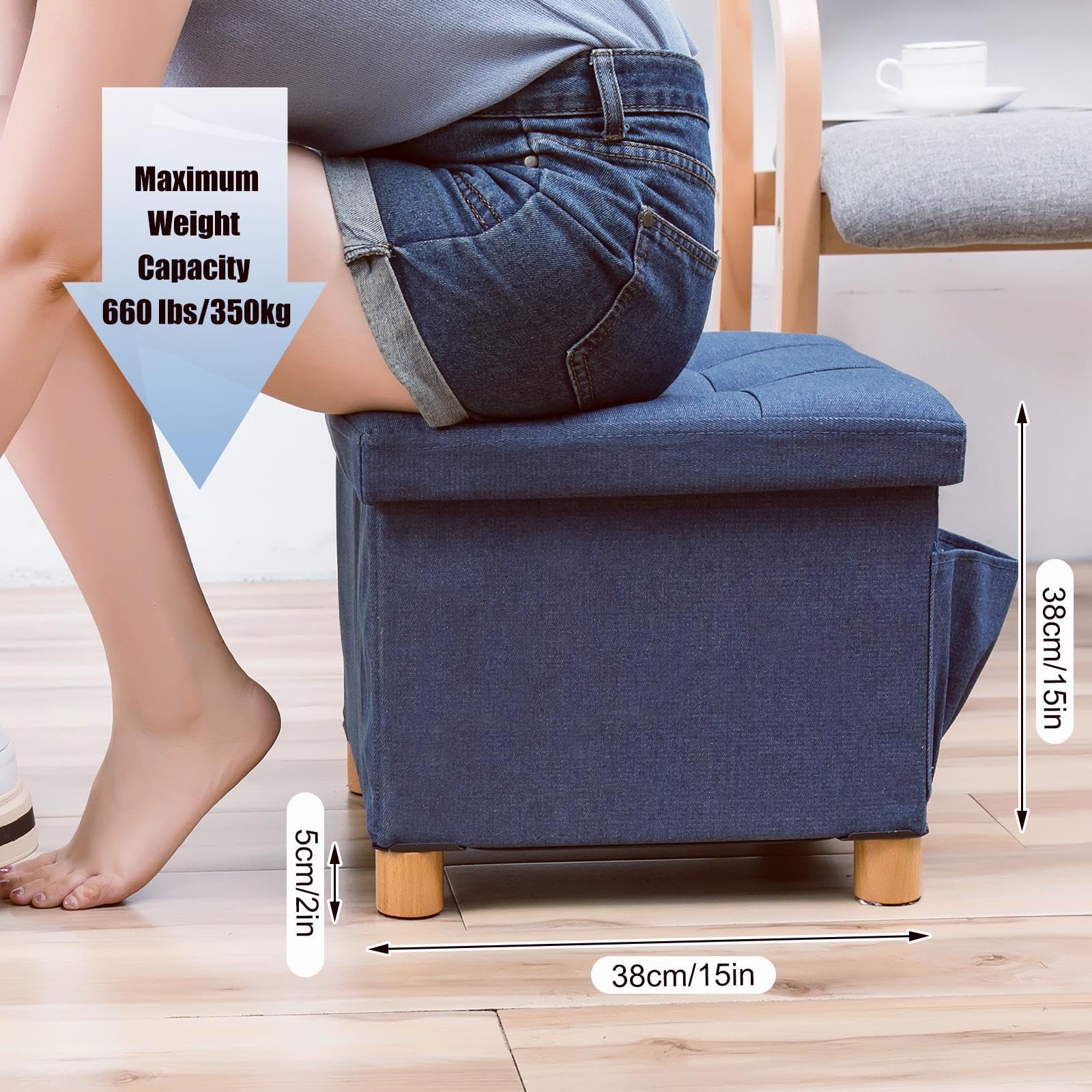 Wamnexti Denim Storage Ottoman Cube with Side Pouch, Foldable Tufted Denim Foot Rest Stool/Seat with Legs, Coffee Table Multipurpose Sofa for Living Room, Bedroom (Navy, 15'')