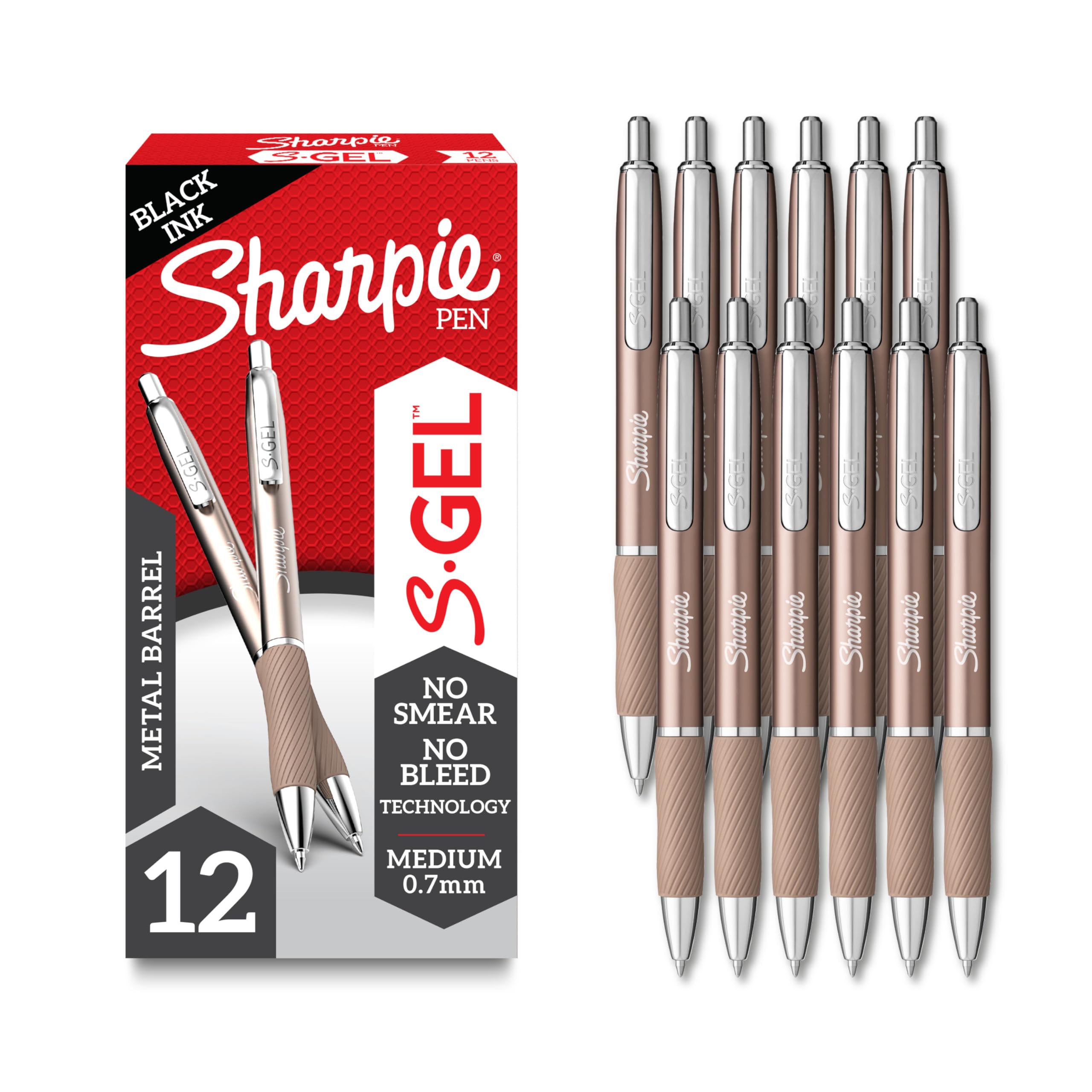 SHARPIE S-Gel, Gel Pens, Sleek Metal Barrel, Champagne, Medium Point (0.7mm), Black Ink, 12 Count