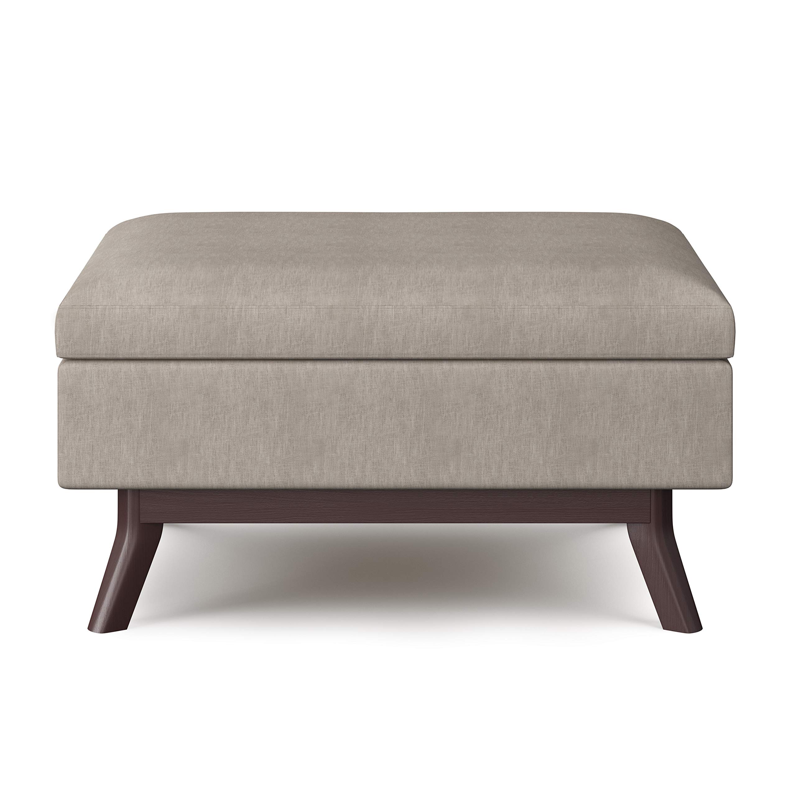 SIMPLIHOME Owen 34 inch Wide Mid Century Modern Rectangle Coffee Table Storage Ottoman in Natural Linen Look Fabric, Assembled, for the Living Room, Entryway and Family Room
