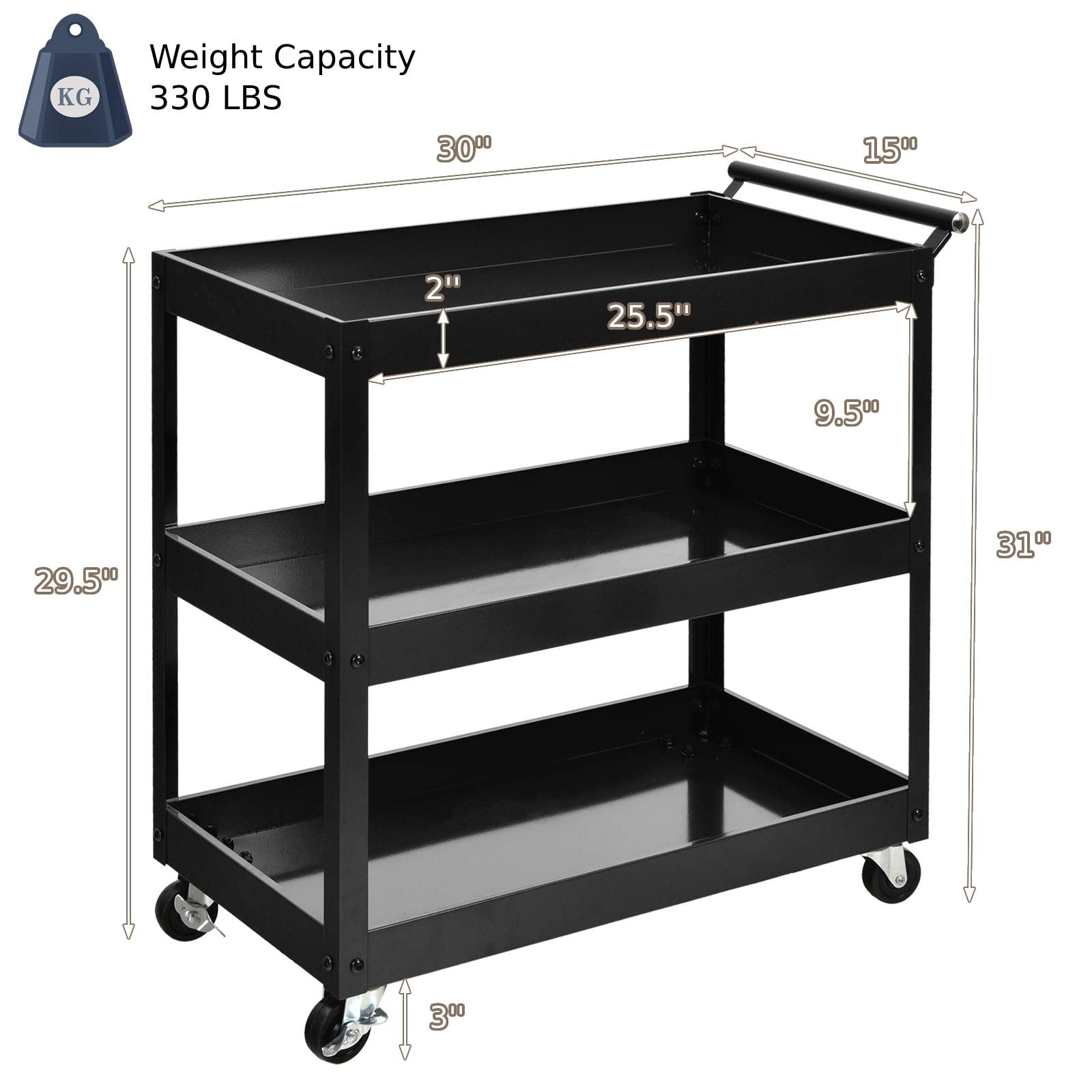 Happytools 3-Tier Rolling Cart, 330 lbs Capacity Utility Cart with 4 Swivel Wheels, Heavy Duty Metal Service Push Cart Mechanic Organizer for Home Kitchen Garage Warehouse (Black)