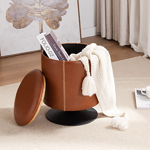 HeuGah Storage Ottoman with Storage for Living Room,Faux Leather Round Ottoman Coffee Table and Ottoman Foot Rest with Metal Rotatable Chassis (Brown)