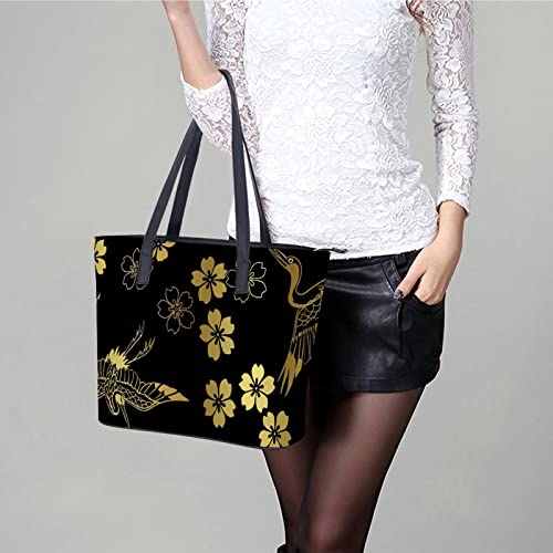 Womens Handbag Japanese Cherry Flower And Crane Leather Tote Bag Top Handle Satchel Bags For Lady