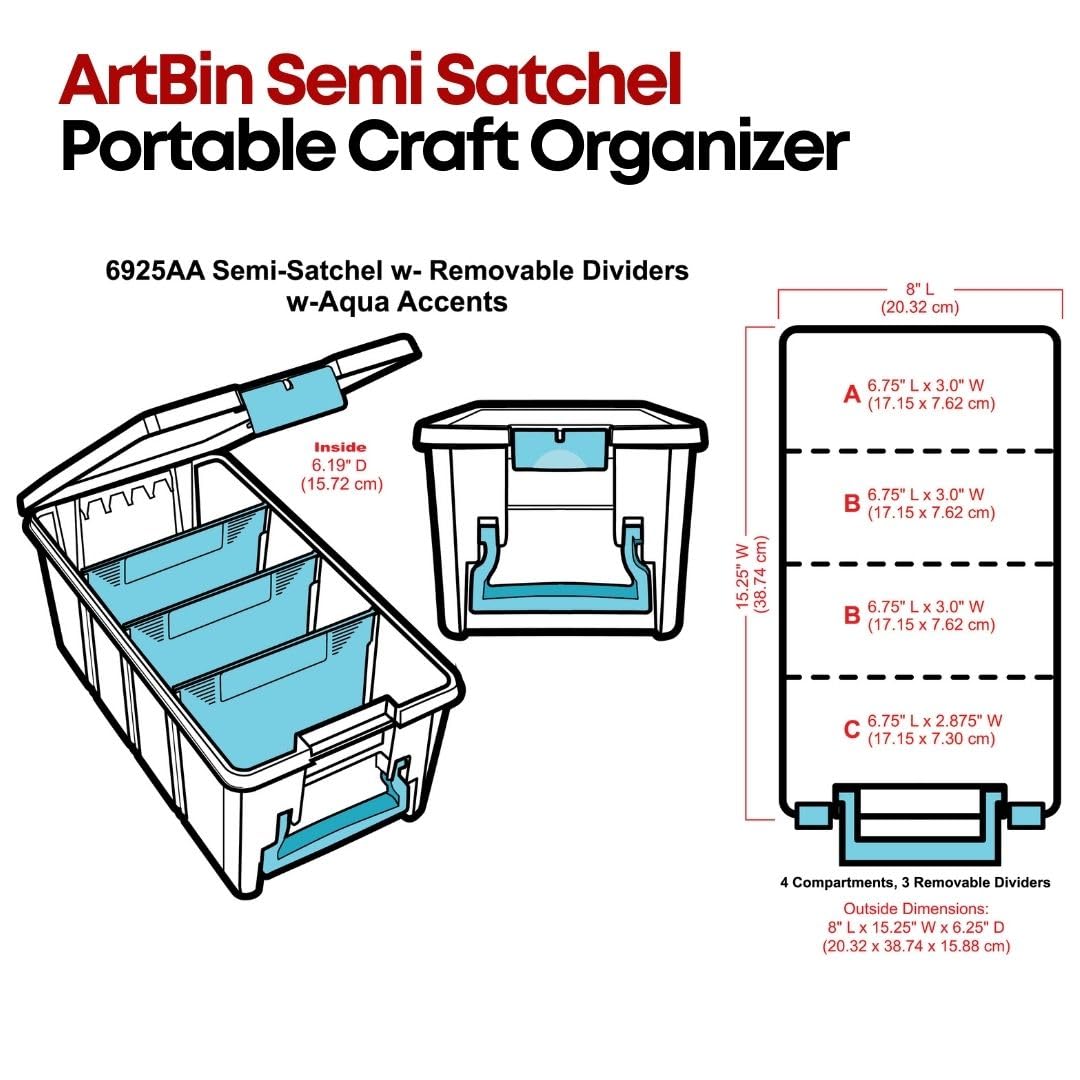 saizone 6925AA Semi Satchel with Removable Dividers, Portable Art & Craft Organizer with Handle, [1] Plastic Storage Case, Clear with Aqua Accents