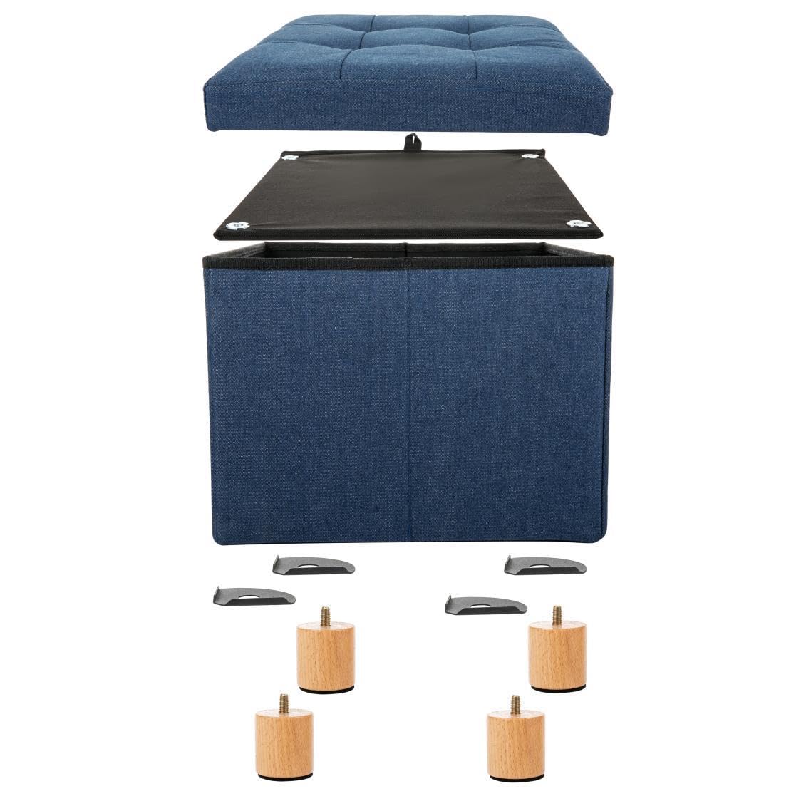 Wamnexti Denim Storage Ottoman Cube with Side Pouch, Foldable Tufted Denim Foot Rest Stool/Seat with Legs, Coffee Table Multipurpose Sofa for Living Room, Bedroom (Navy, 15'')