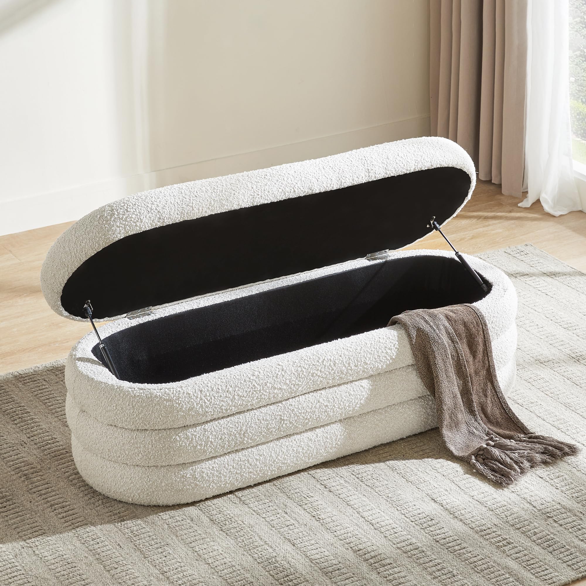 BFD Storage Ottoman Bench 49.2 Inch Upholstered Fabric End of Bed Storage Bench Aesthetic Large Foot of Bed Storage Bench for Bedroom Living Room Entryway (Ivory)