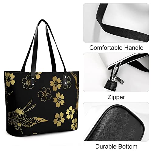 Womens Handbag Japanese Cherry Flower And Crane Leather Tote Bag Top Handle Satchel Bags For Lady