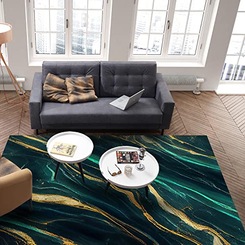 Marble Emerald Green Area Rug 2' x 3' - Modern Outdoor Living Room Bedroom Area+Rug Carpet, Modern Abstract Gold Art Kitchen Rug Bath Mat Front Porch Floor Doormat Runner Rugs