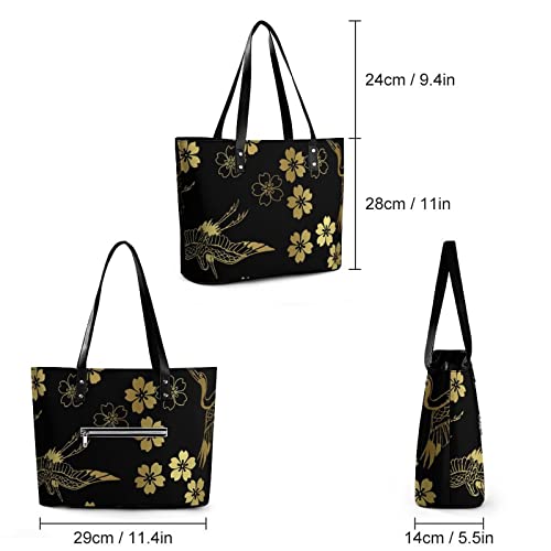 Womens Handbag Japanese Cherry Flower And Crane Leather Tote Bag Top Handle Satchel Bags For Lady