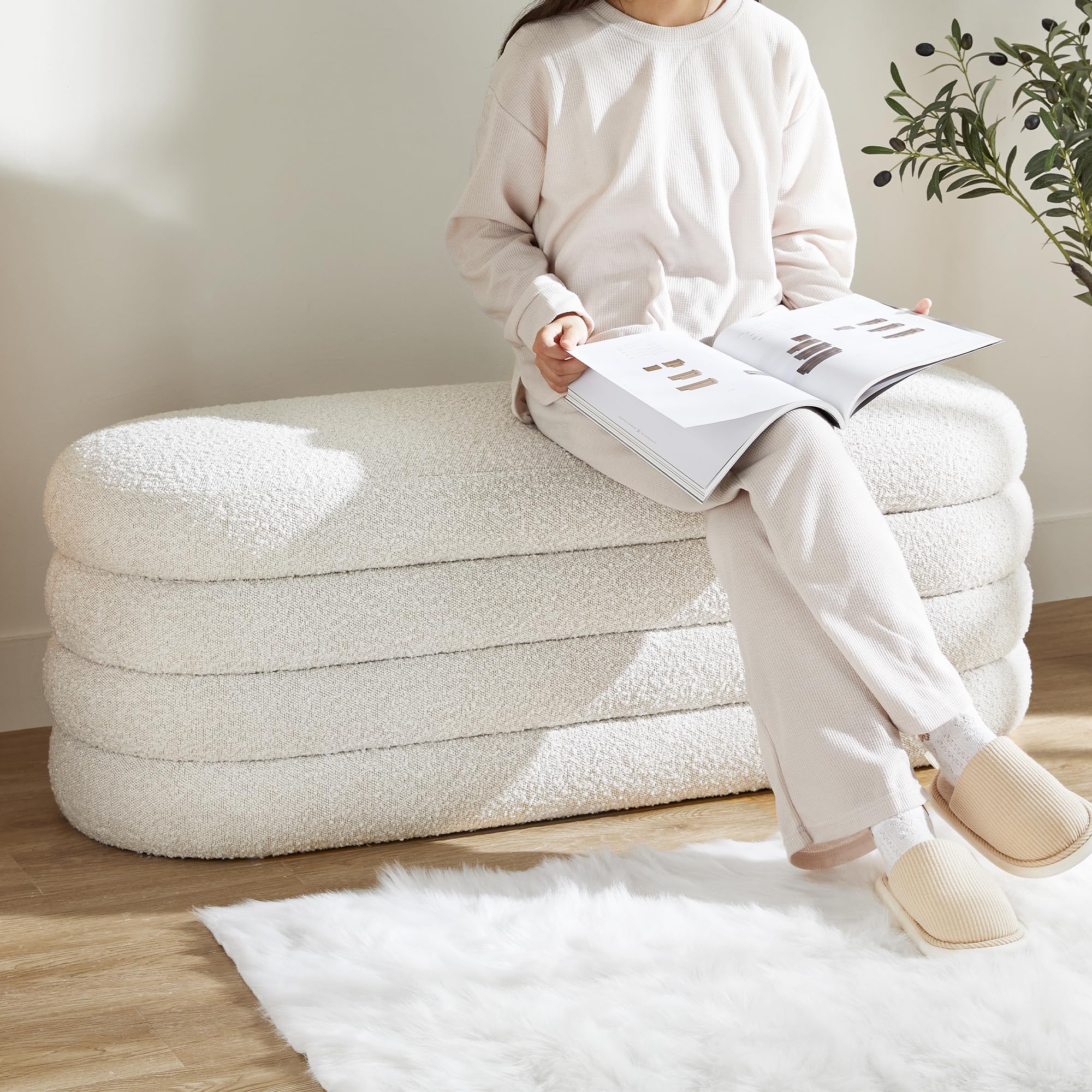 BFD Storage Ottoman Bench 49.2 Inch Upholstered Fabric End of Bed Storage Bench Aesthetic Large Foot of Bed Storage Bench for Bedroom Living Room Entryway (Ivory)