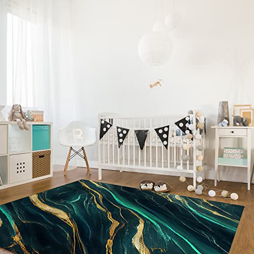 Marble Emerald Green Area Rug 2' x 3' - Modern Outdoor Living Room Bedroom Area+Rug Carpet, Modern Abstract Gold Art Kitchen Rug Bath Mat Front Porch Floor Doormat Runner Rugs