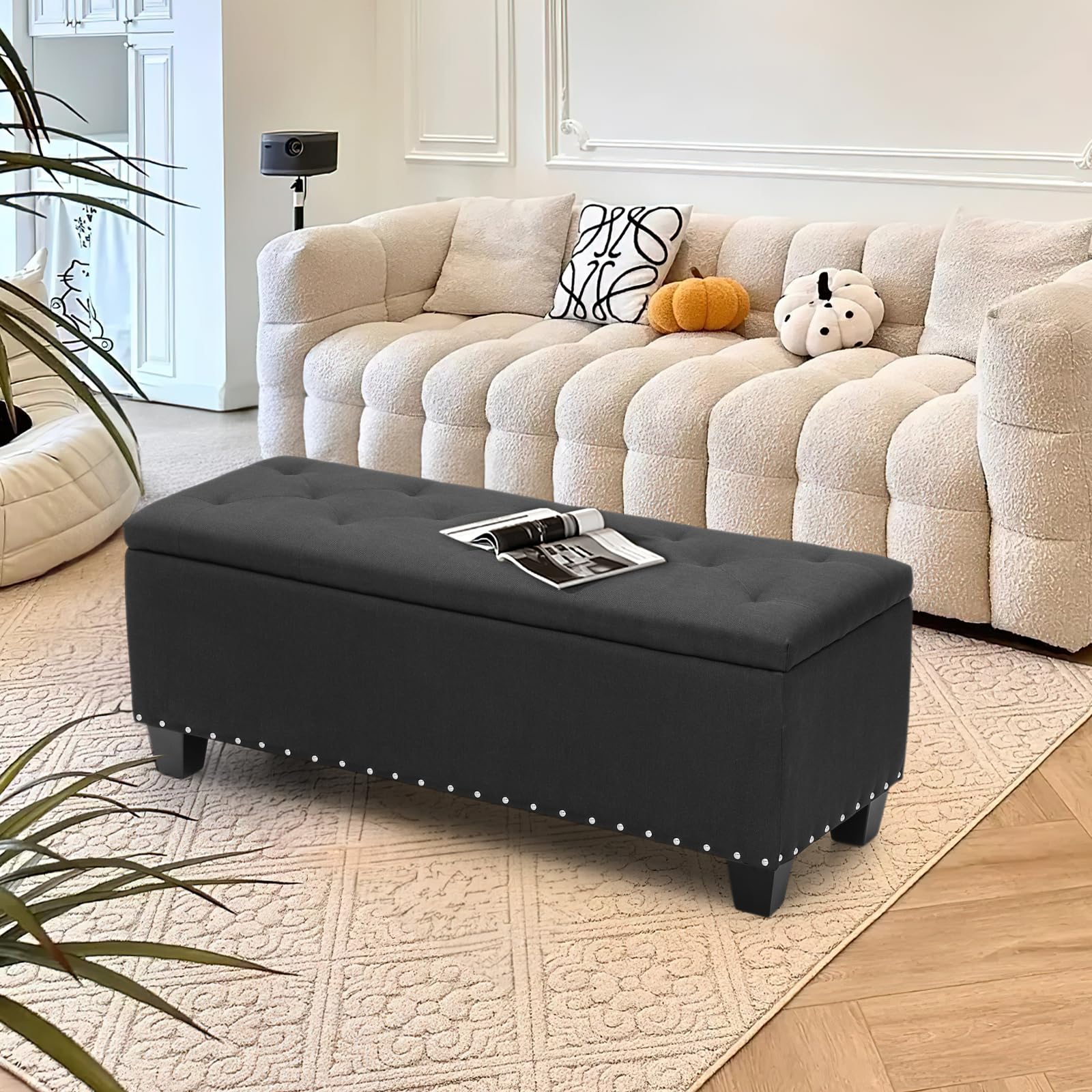Magshion 42 Inch Storage Ottoman Bench, Large Tufted Rectangular Ottoman Bench with Hinged Lid, Entryway Storage Bench for Living Room, Bedroom, Hallway – Supports up to 800 lbs, Linen Black